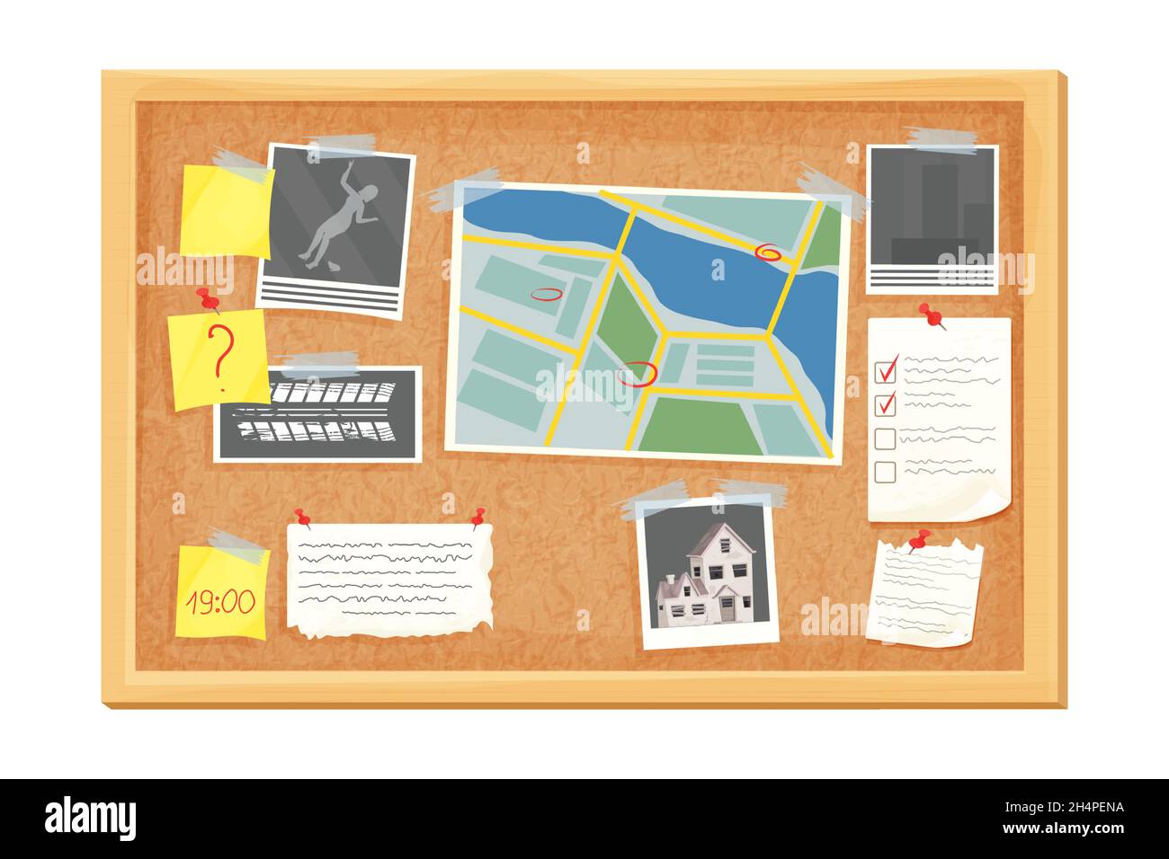Detective investigation cork board, work place in cartoon style ...