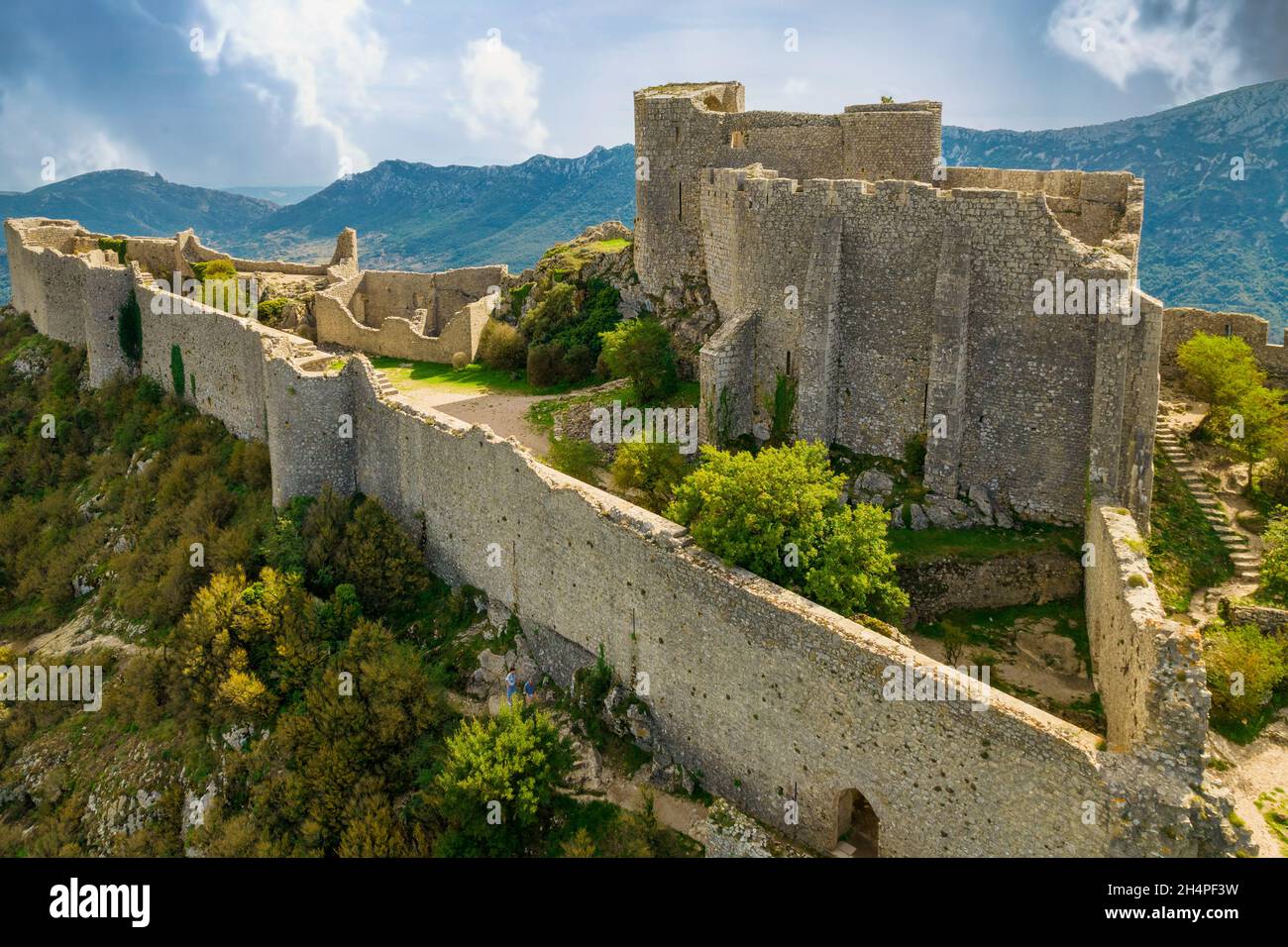 Aerial shot of the Cathar medieval castle Peyrepertuse in south of ...