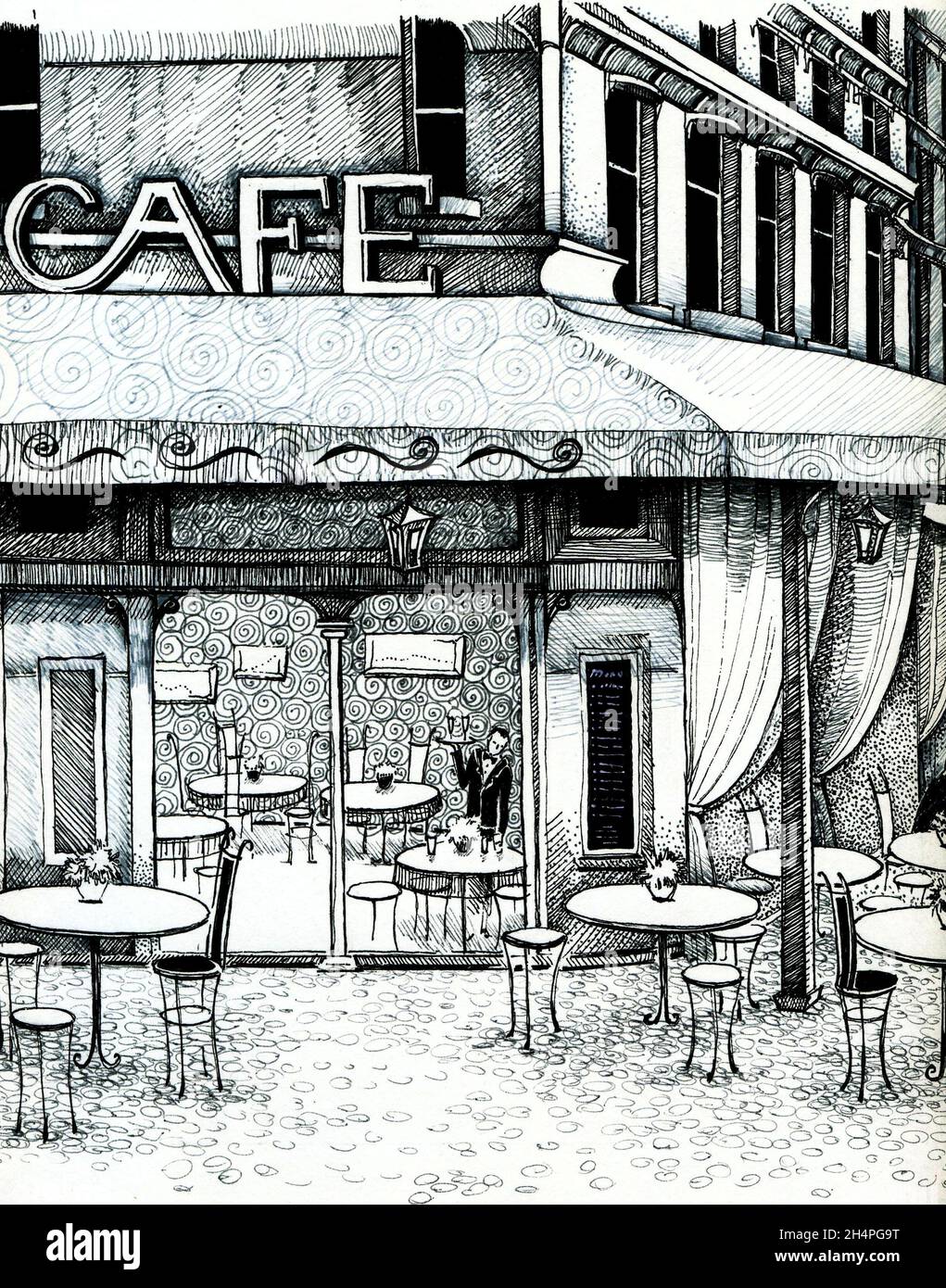 Graphic illustrated. Lovely cafe with a veranda. City sketch Stock ...