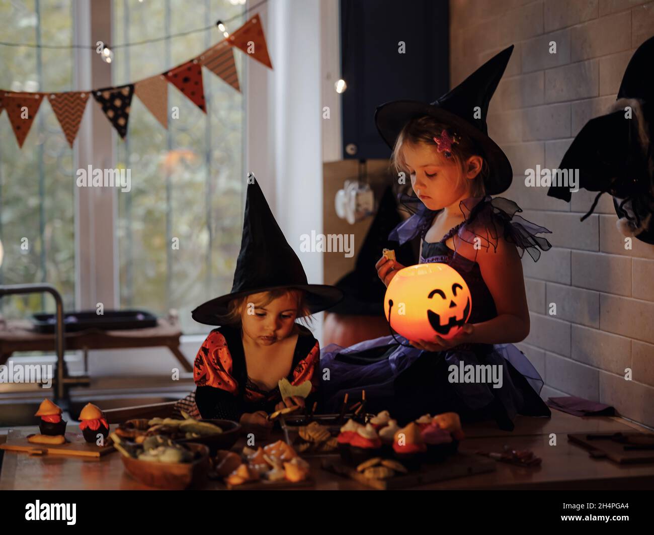 halloween holiday and childhood concept. happy children in costumes of ...