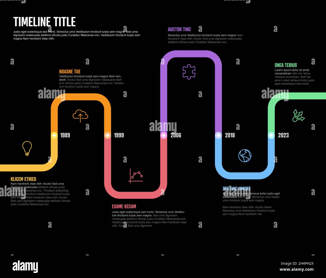 Vector Infographic Company Milestones curved Timeline Template. Dark ...