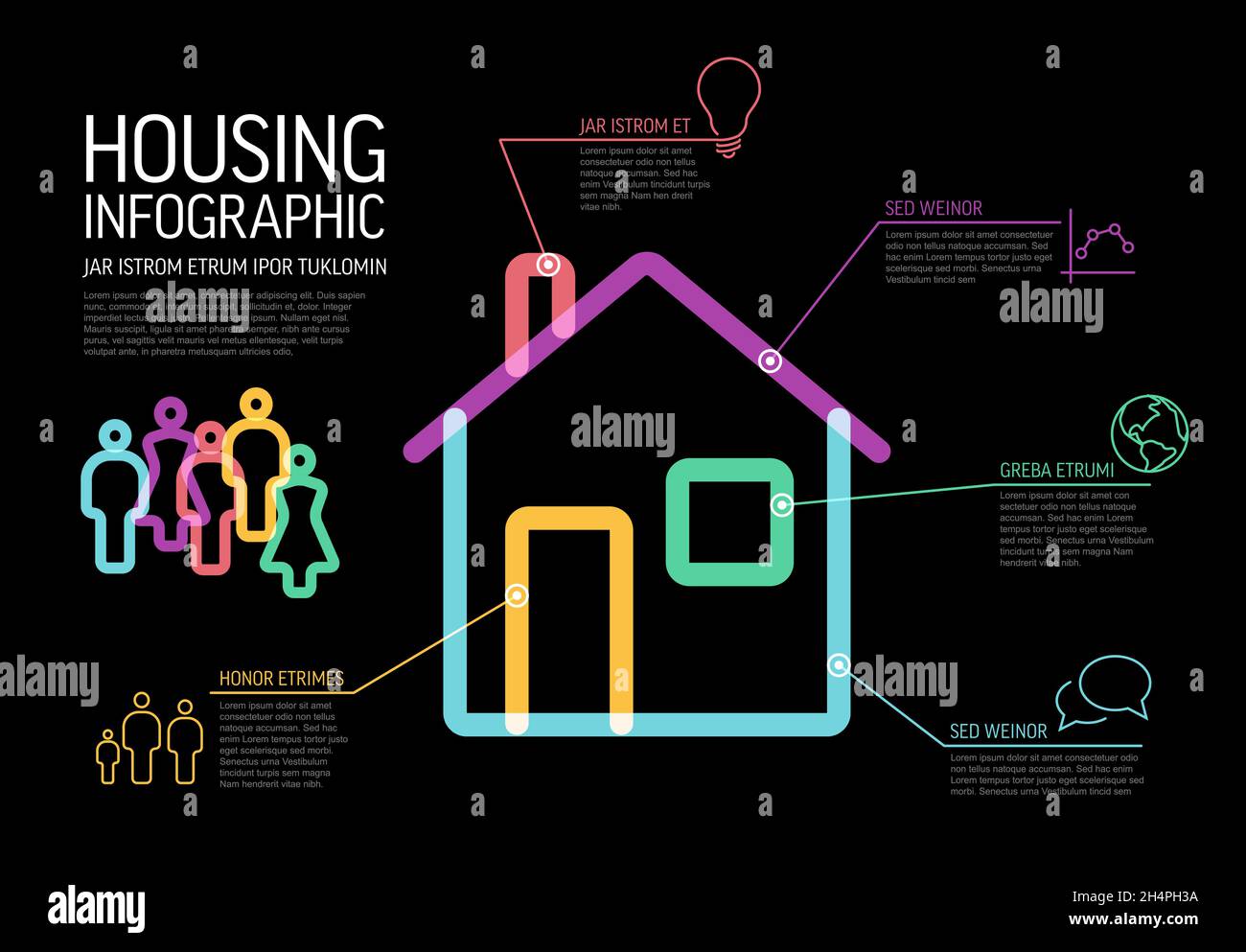 Thick line housing infographic template on black background for real ...