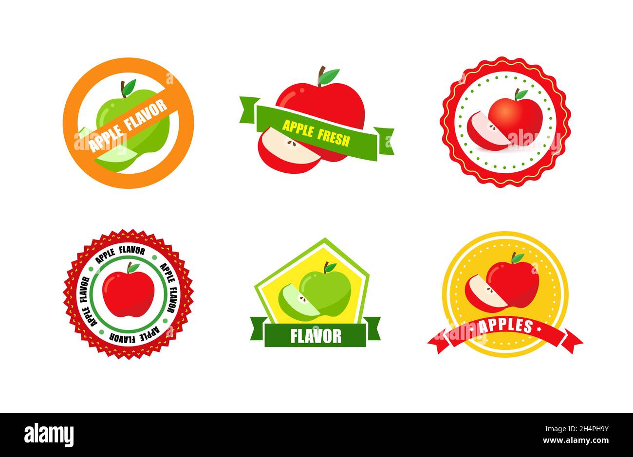 A set of round bright labels with red and green apples. Red apple in a circle sticker Apple ...