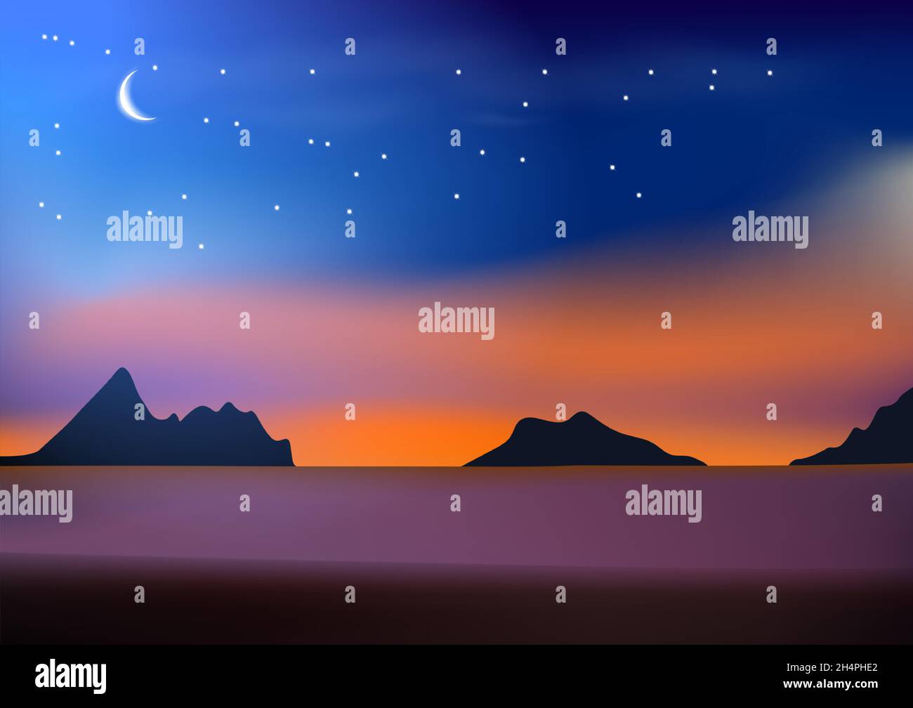 graphics drawing landscape beach sea view with moon sky and star and ...