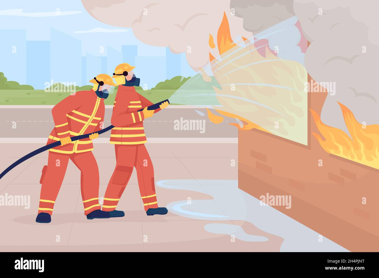 Firefighter extinguishing building fire flat color vector illustration ...