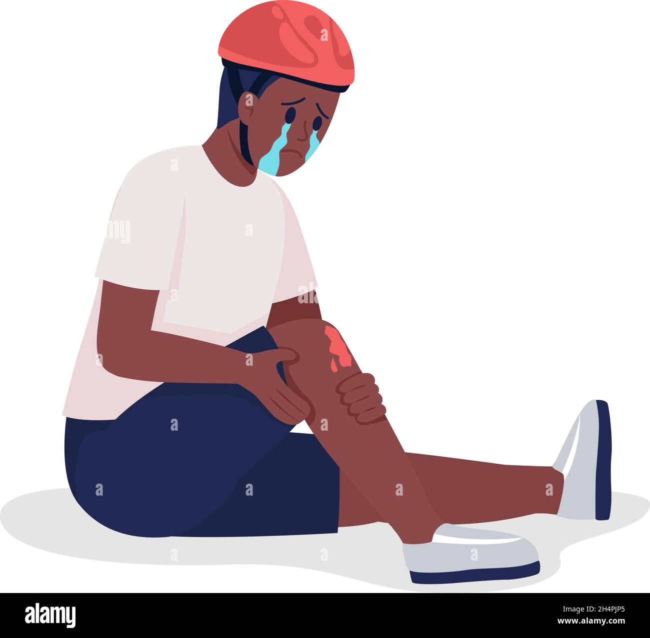 Crying schoolboy with injured leg semi flat color vector character ...