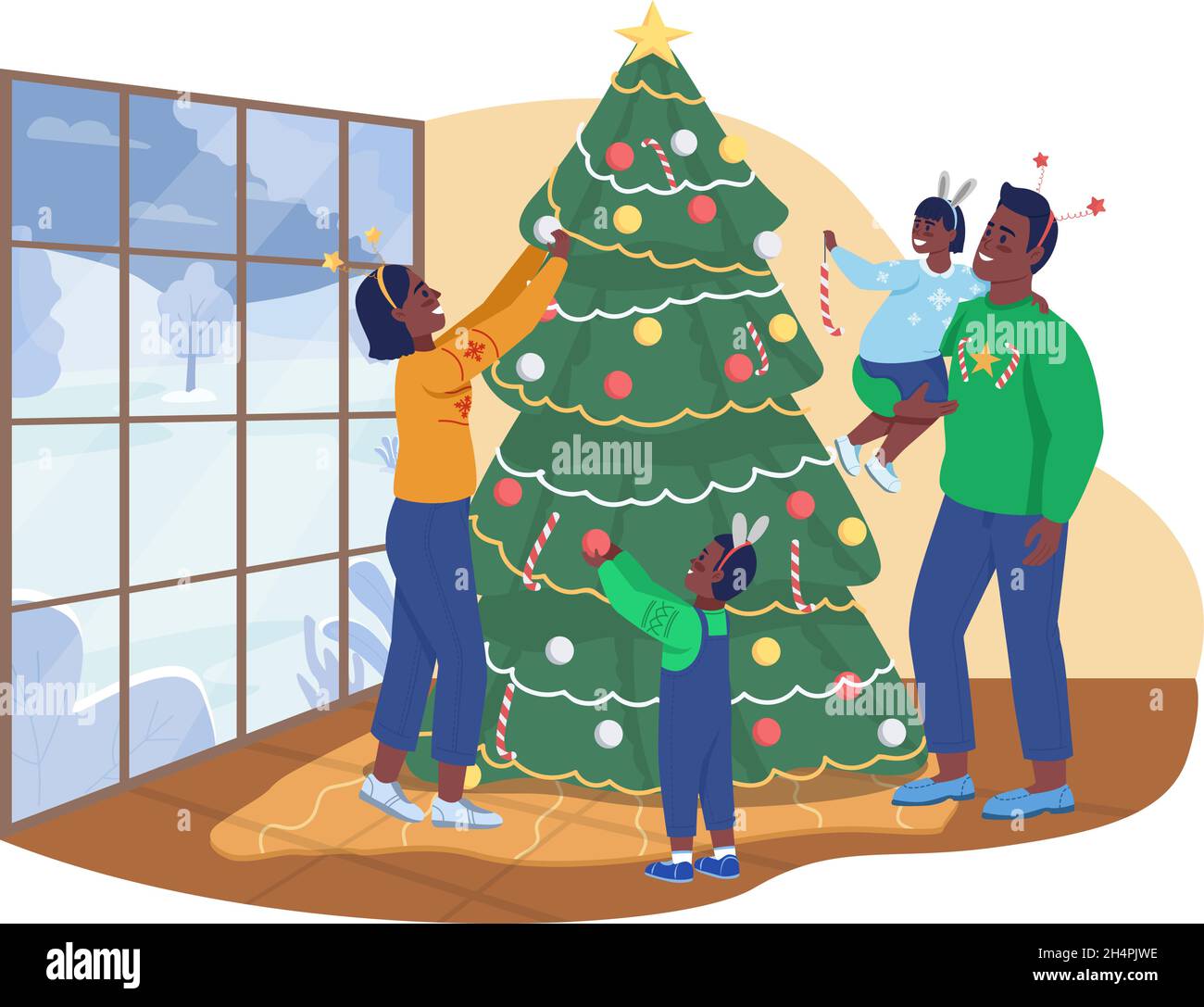 Decorating Christmas tree 2D vector isolated illustration Stock Vector ...