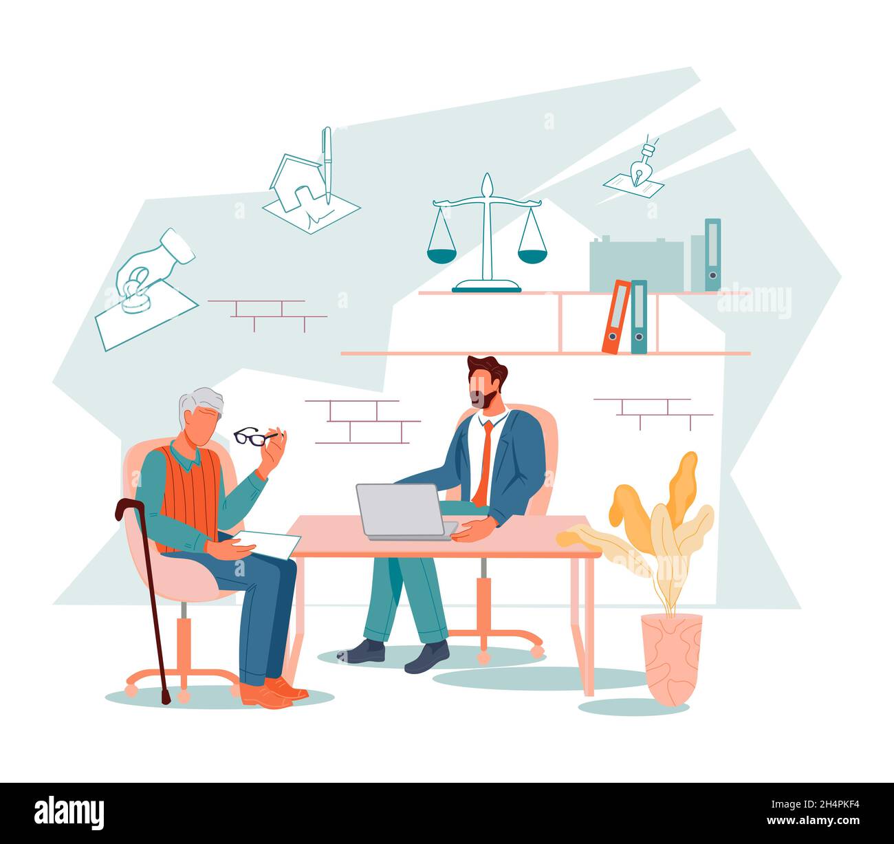 Notary service banner. Elderly senior man in lawyer office signs ...