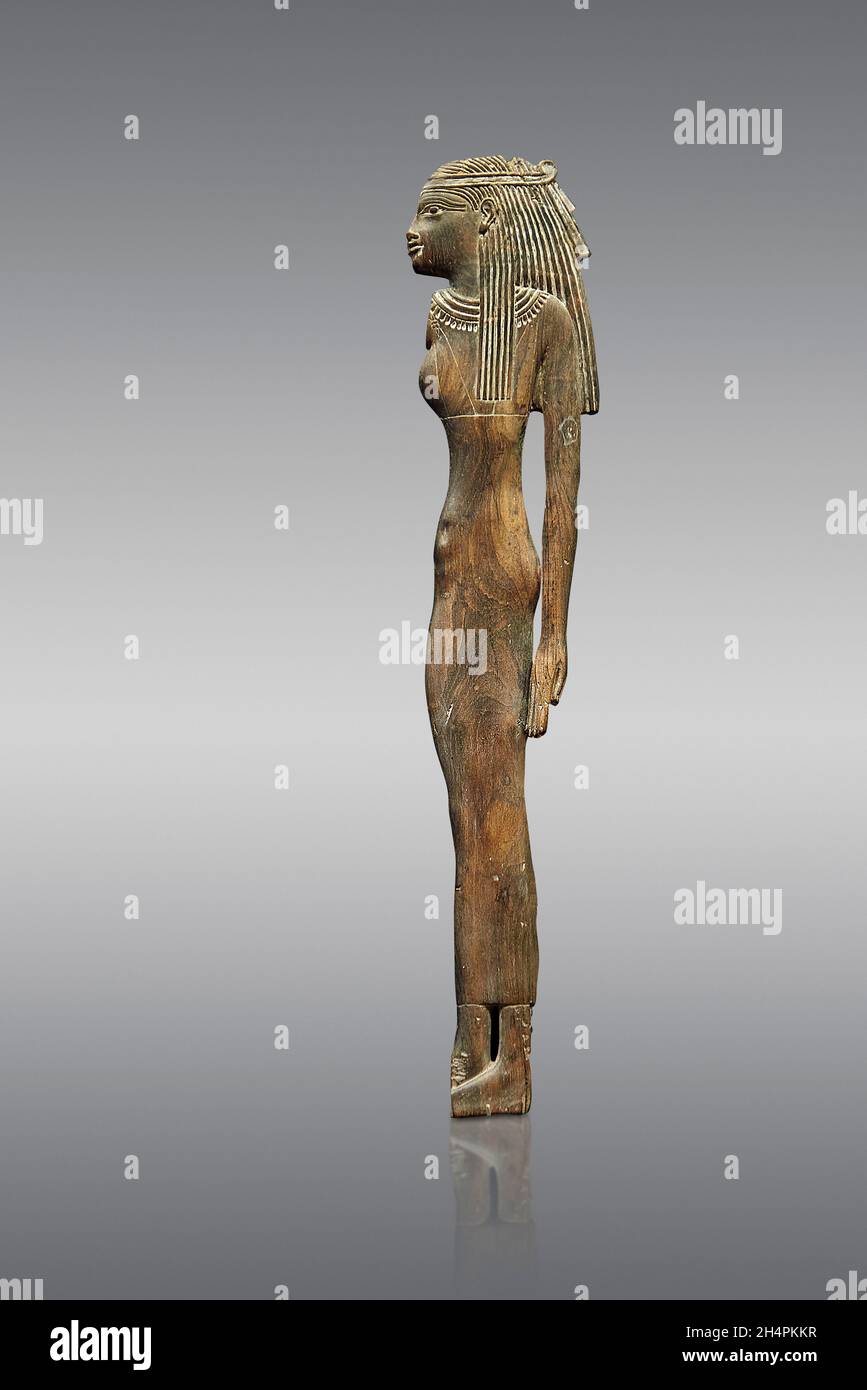 Egyptian wood carvings of a from a sarcophagus of a female statnding ...