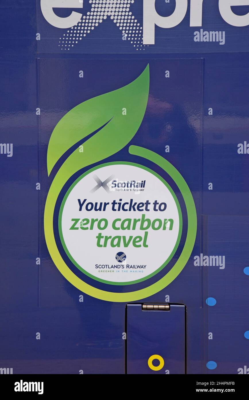 A ScotRail net zero logo on an electric train at Edinburgh Waverley ...