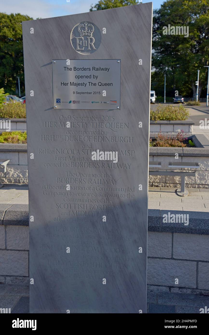 Plaque commemorating the opening of Tweedbank Railway Station by HM The ...