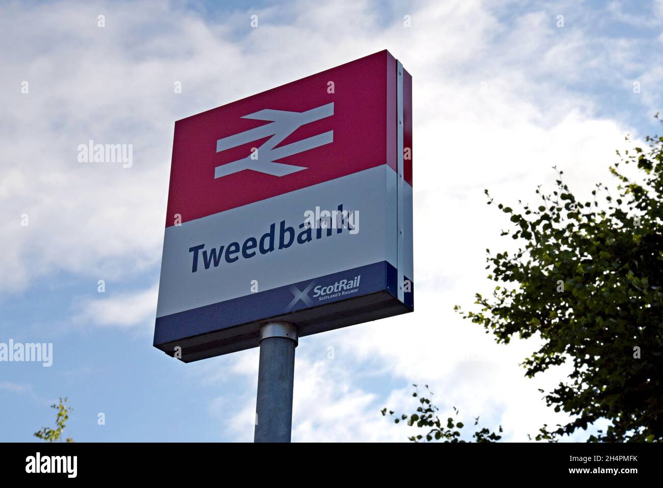 Scotrail Station sign at Tweedbank station, Borders Railway, Scotland ...