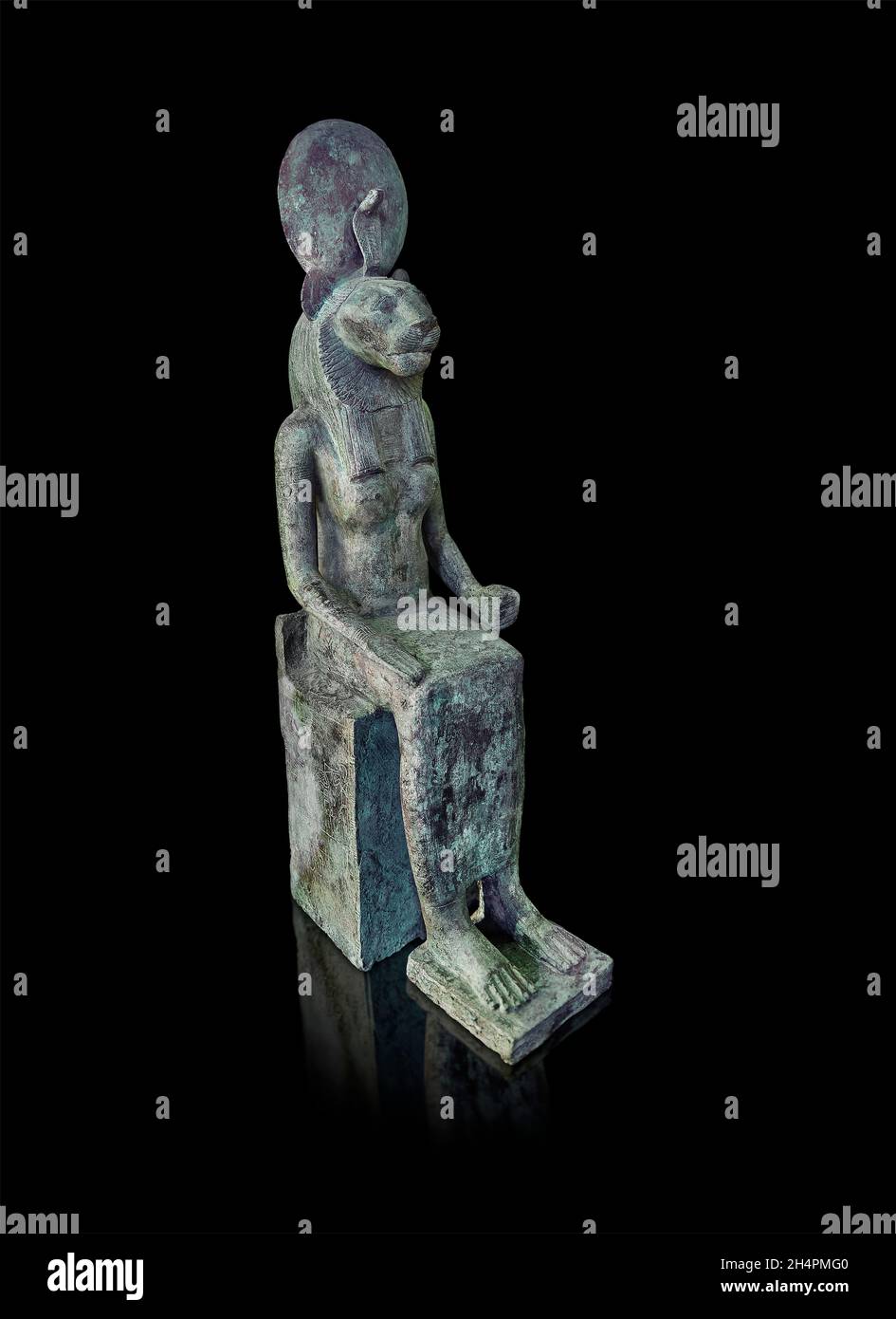 Ancient Egyptian copper sculpture of goddess Wadjet, decided by trumpet ...