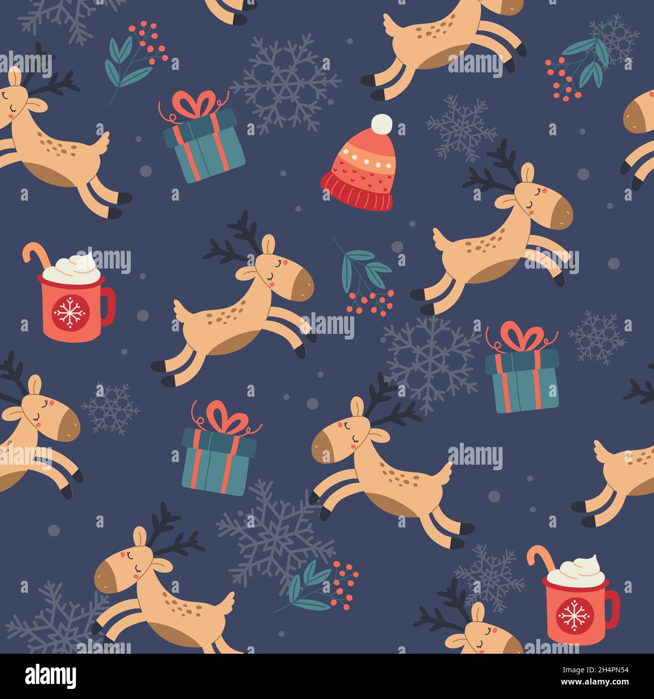Christmas pattern with cute reindeer, gifts and cups. Festive ...