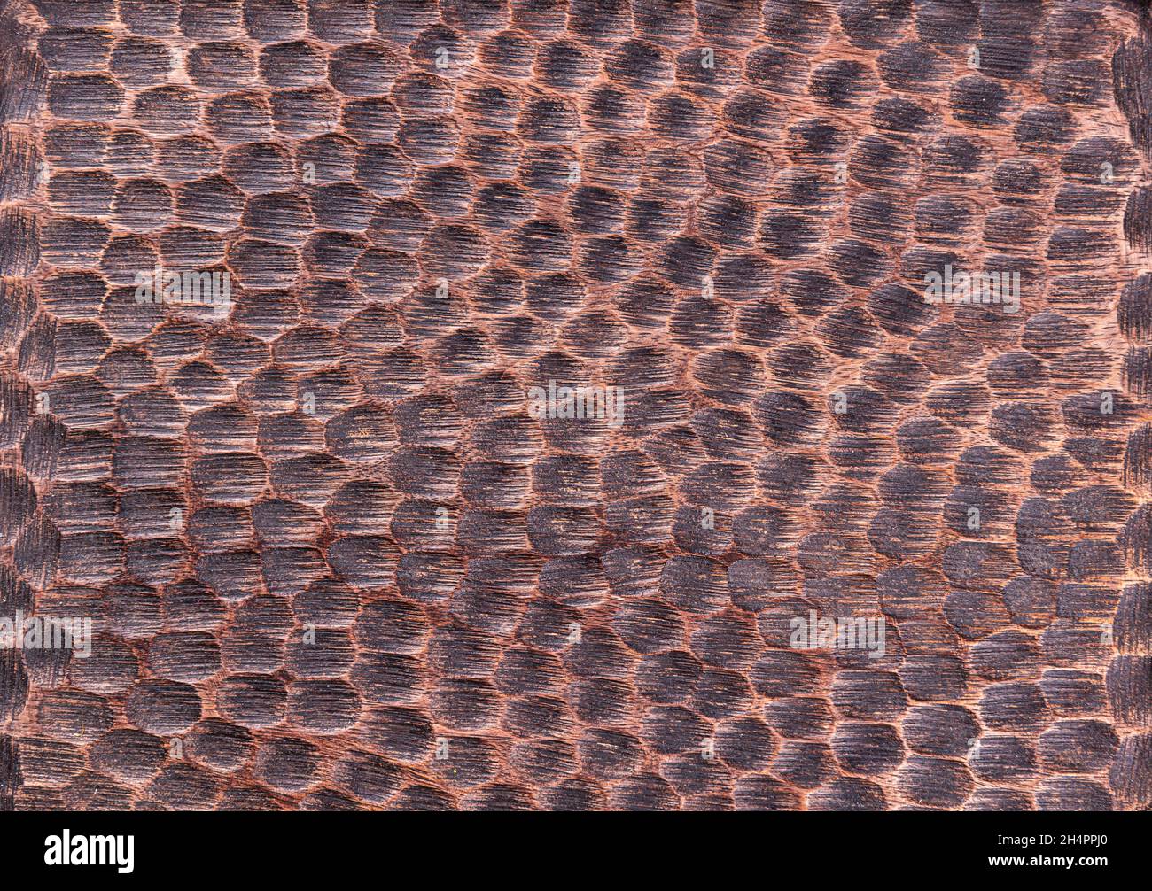 Close-up of rough handmade textured wooden surface carved as snake skin ...