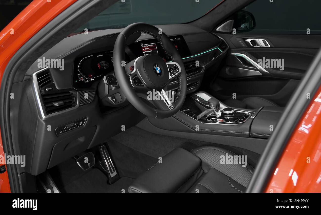 MUNICH, GERMANY - Oct 10, 2021: The modern car BMW X6 M interior ...