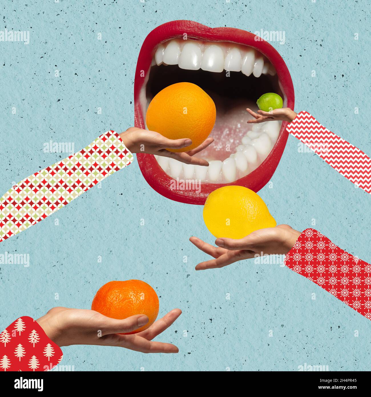 Human hands with oranges, lemons and open female mouth. Contemporary ...