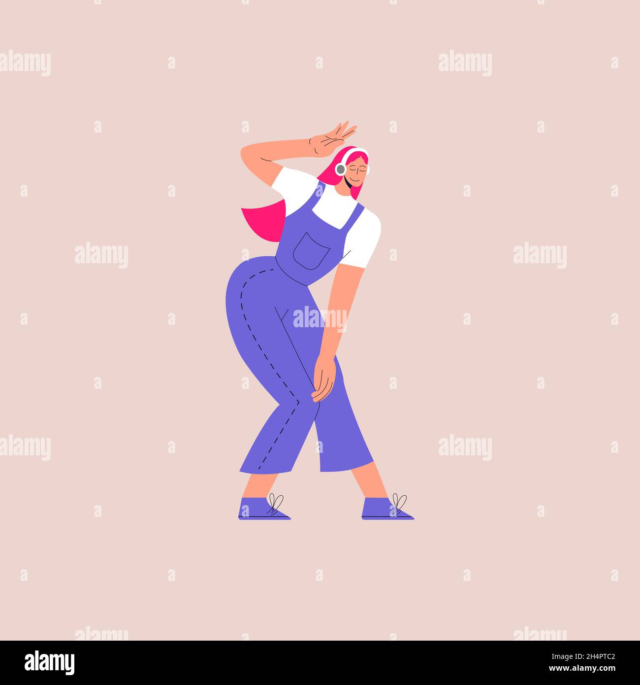 Cute pink hair girl dance to the music while listening to it with ...