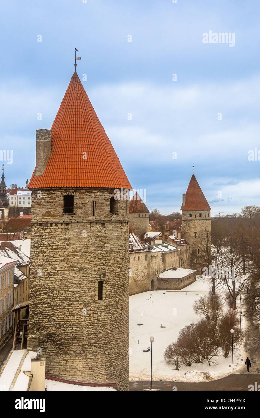 Old Tallinn town walls, with medieval towers, Estonia Stock Photo - Alamy