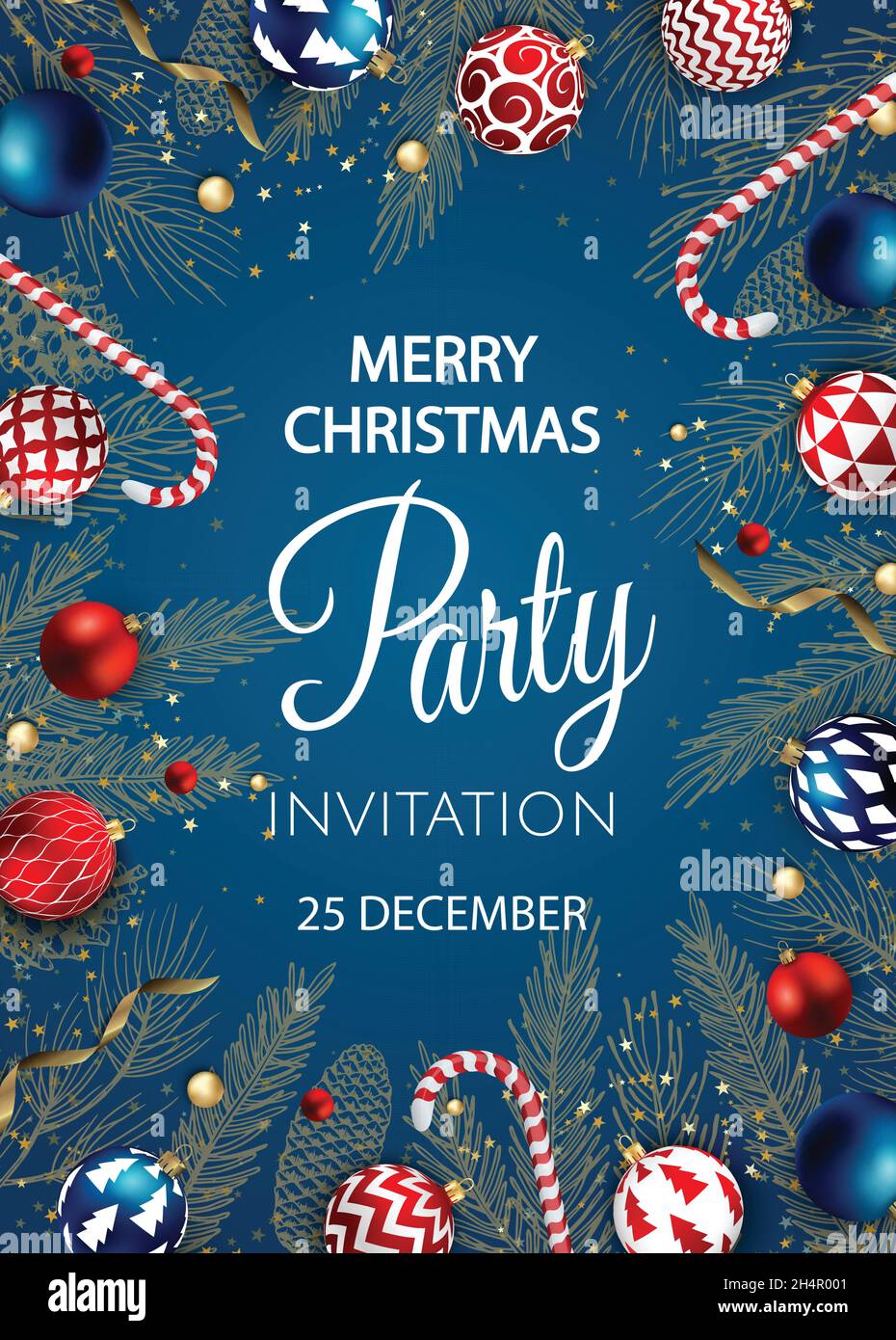 Christmas party invitation with balls and gold snowflakes Stock Vector ...