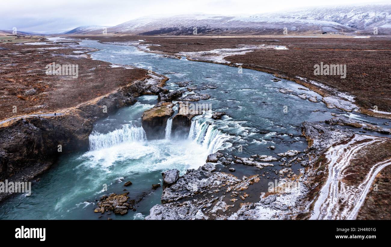 Drone shot of the horseshoe Godafoss waterfall, Iceland, taken from a ...