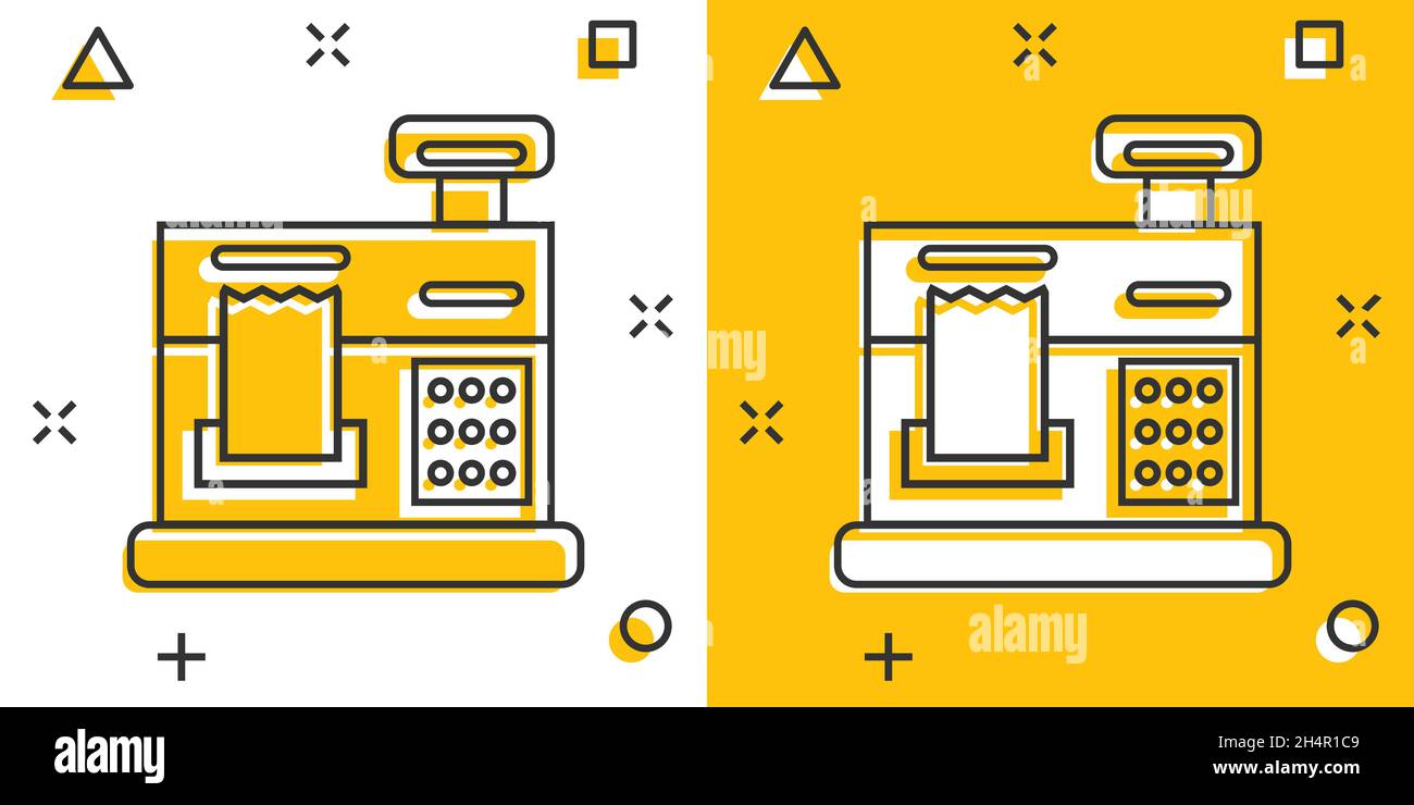 Cash register icon in comic style. Check machine cartoon vector ...