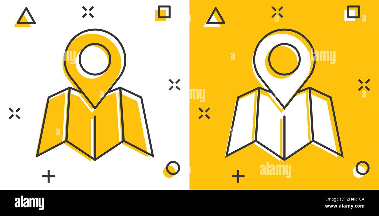 Map pin icon in comic style. Gps navigation cartoon vector illustration ...