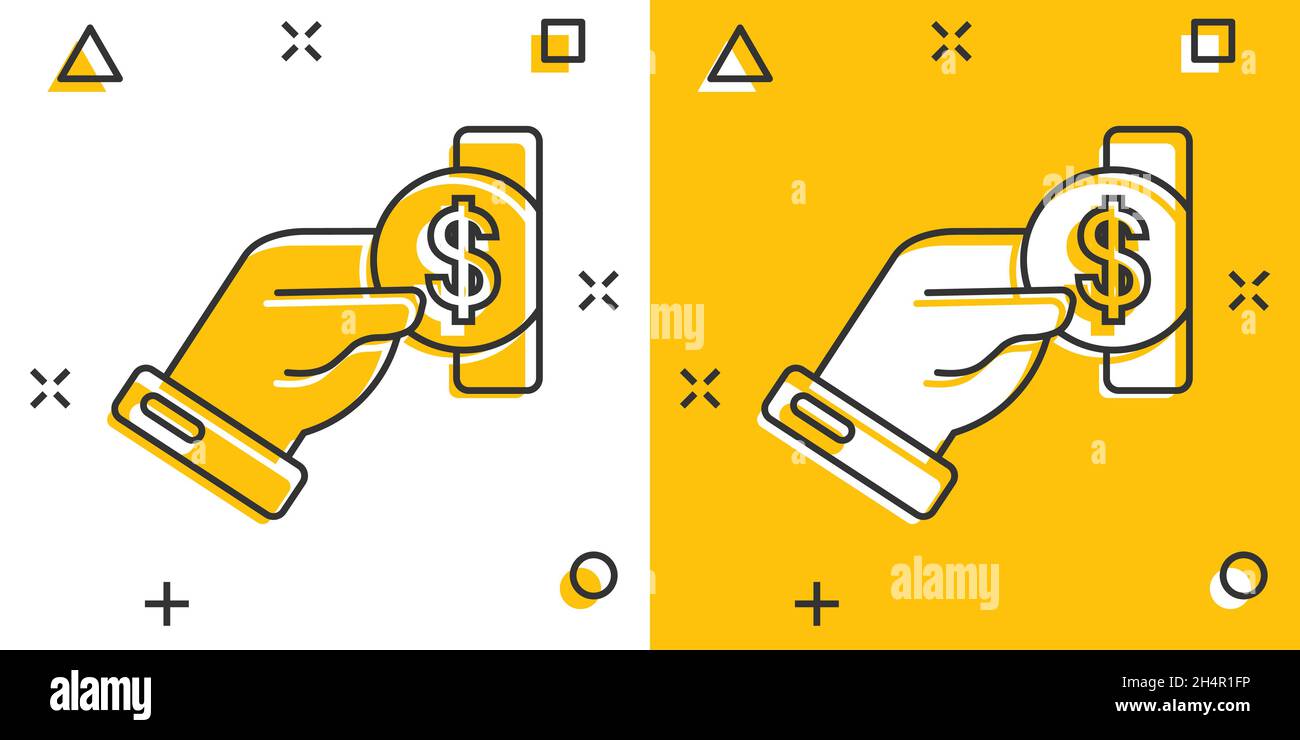 Remuneration icon in comic style. Money in hand cartoon vector ...