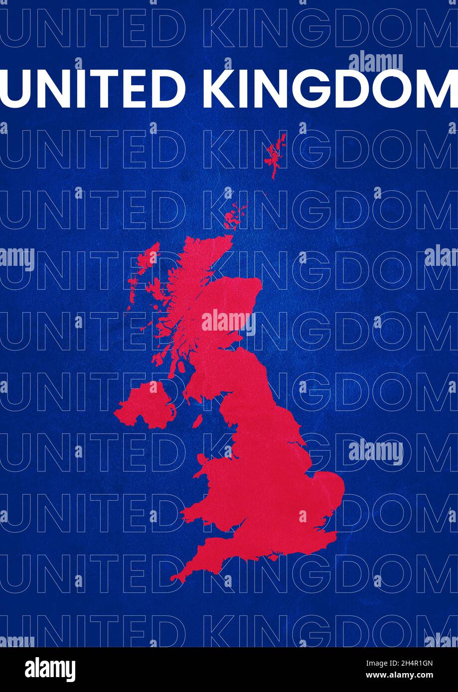 minimalist map and the name of United Kingdom design with grunge metal ...