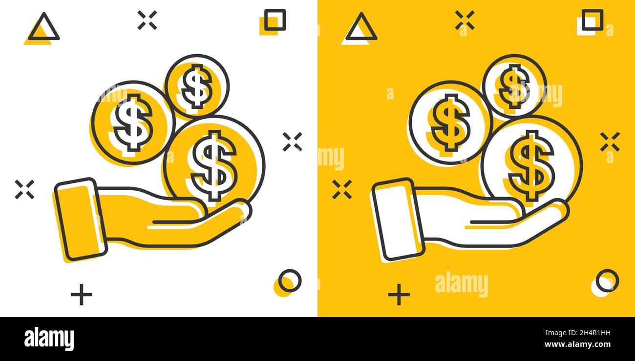 Remuneration icon in comic style. Money in hand cartoon vector ...