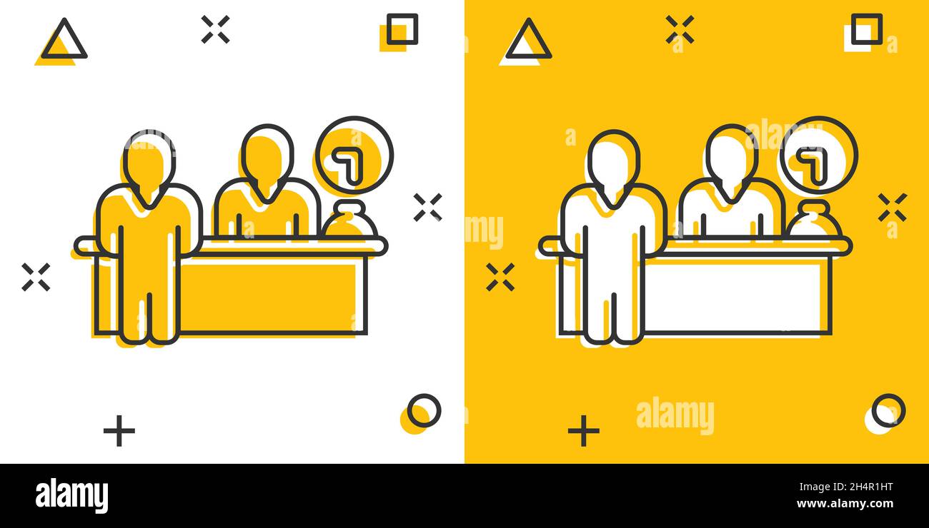 Check in reception icon in comic style. Booking service cartoon vector ...