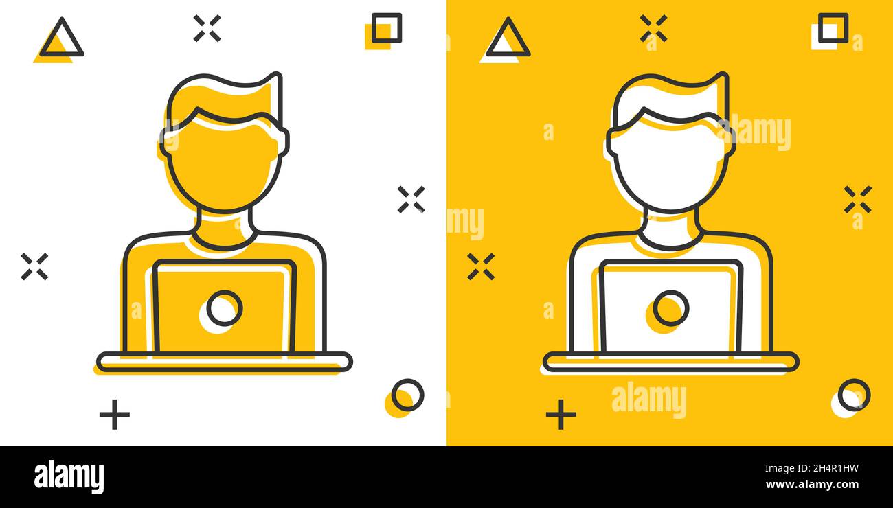 People with laptop computer icon in comic style. Pc user cartoon vector ...