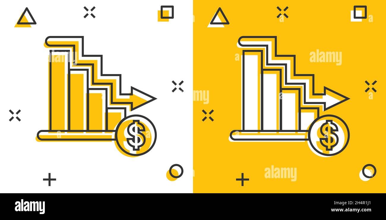 Market trend icon in comic style. Decline arrow with magnifier cartoon vector illustration on ...