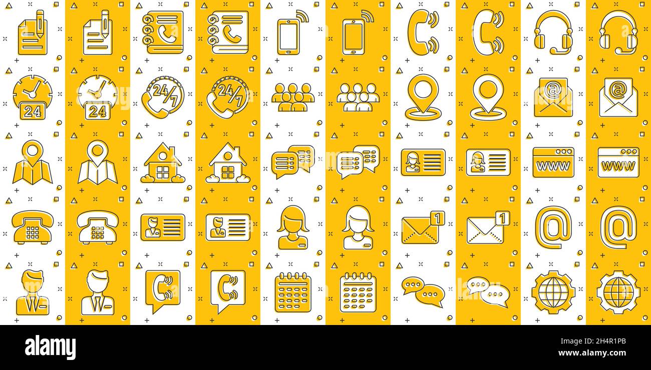 Contact icon set in comic style. Phone communication cartoon vector ...