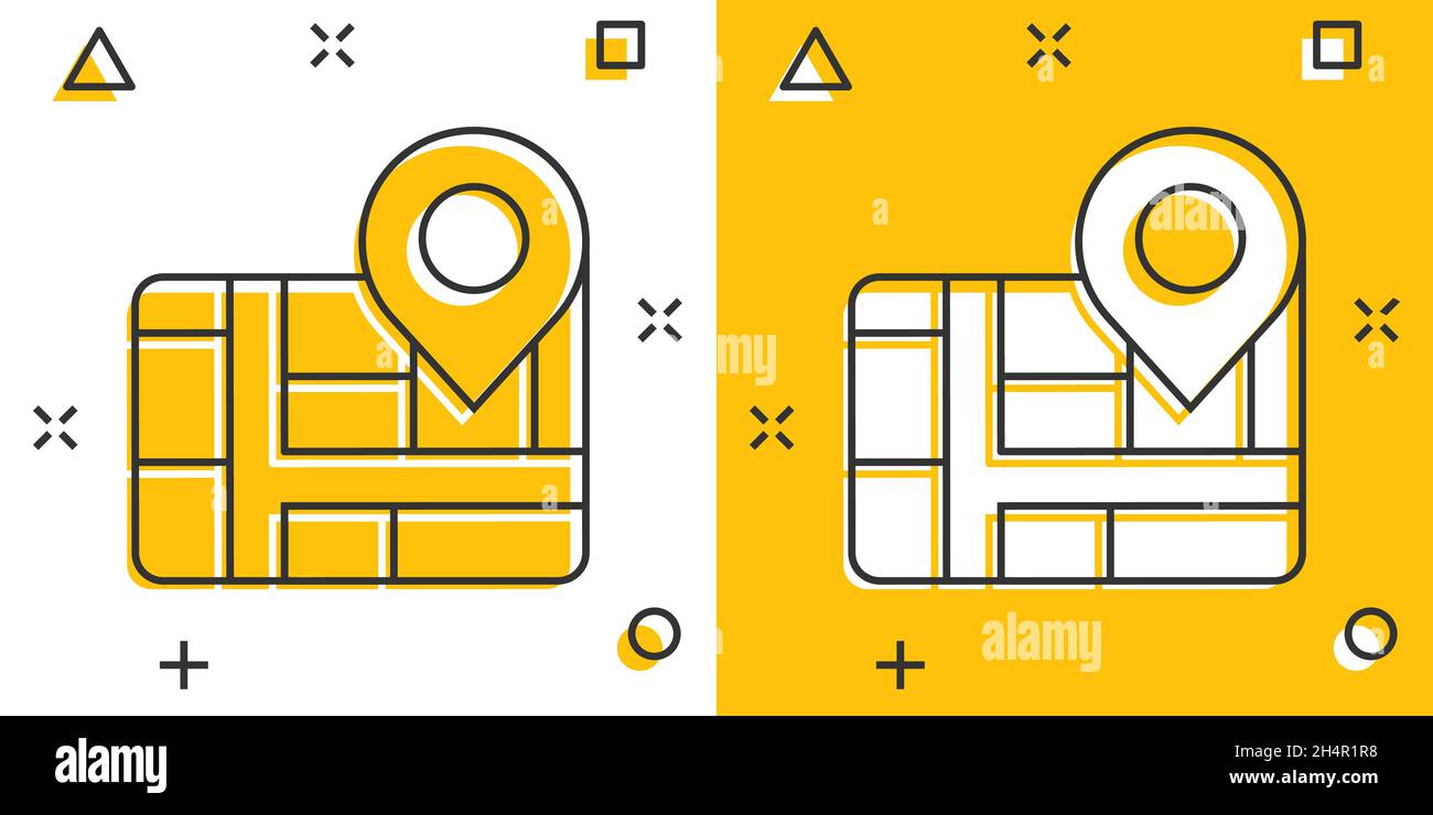 Map with magnifier icon in comic style. Gps navigation cartoon vector ...