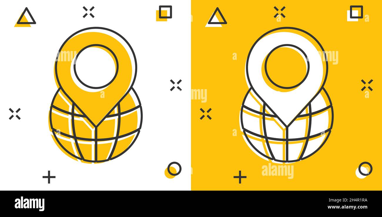 Global navigation icon in comic style. Globe pin gps cartoon vector ...