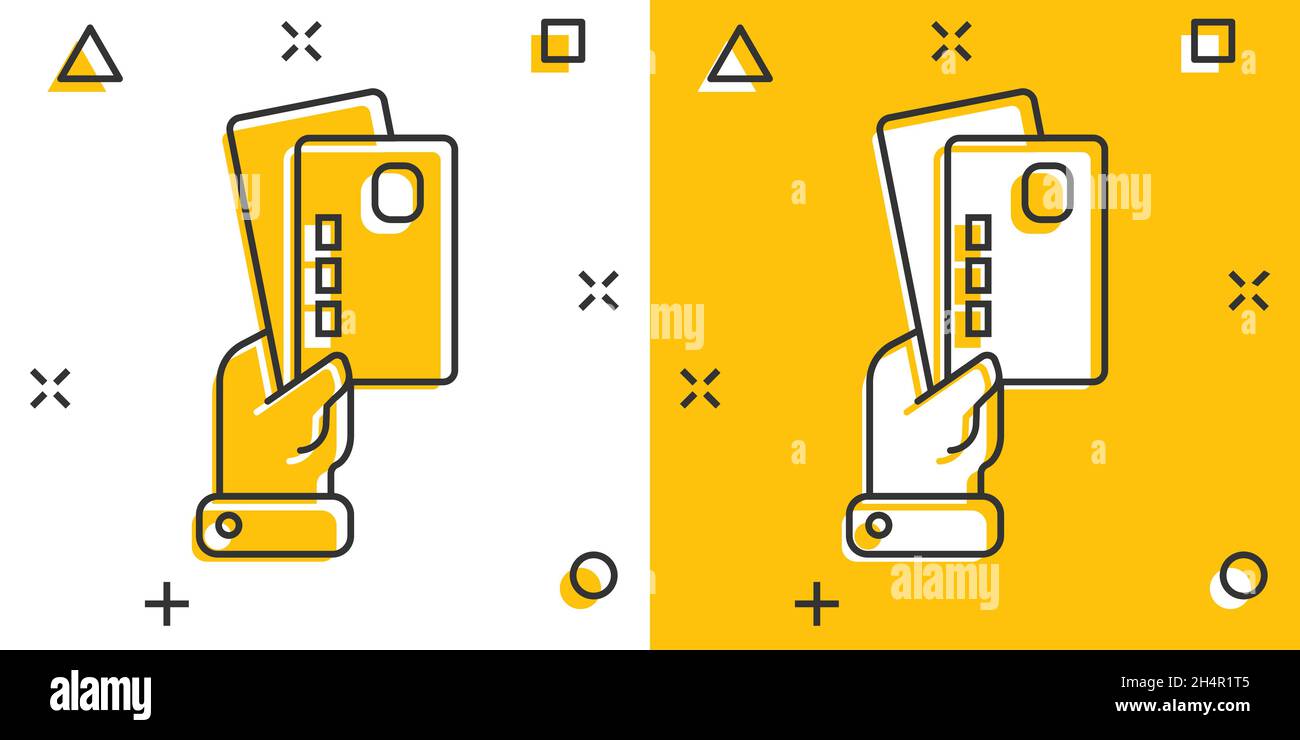 Credit card with hand icon in comic style. Payment cartoon vector ...