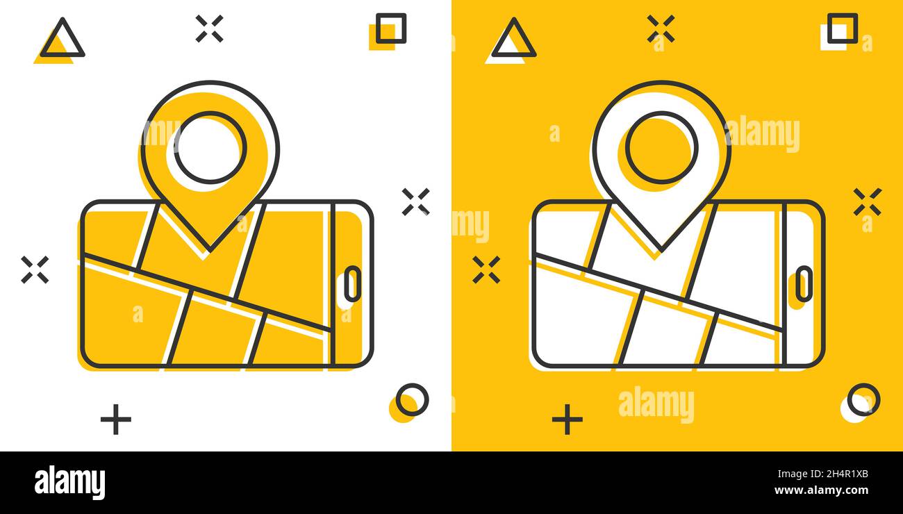 Smartphone map icon in comic style. Mobile phone gps navigation cartoon ...
