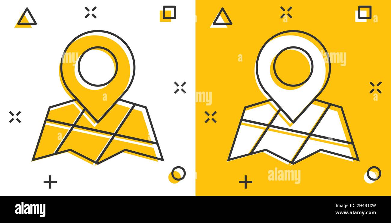 Map with magnifier icon in comic style. Gps navigation cartoon vector ...