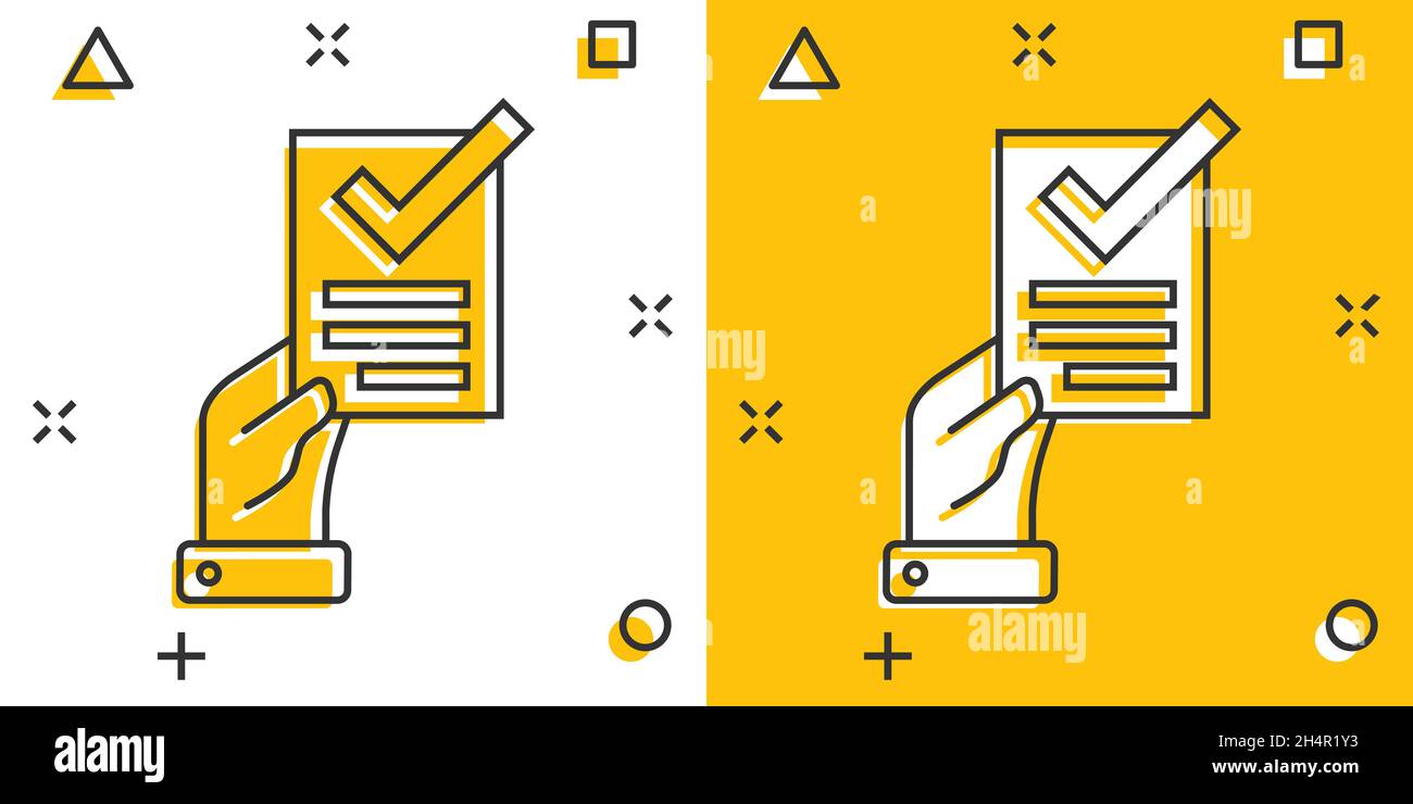 People hand with check mark icon in comic style. Accept cartoon vector ...