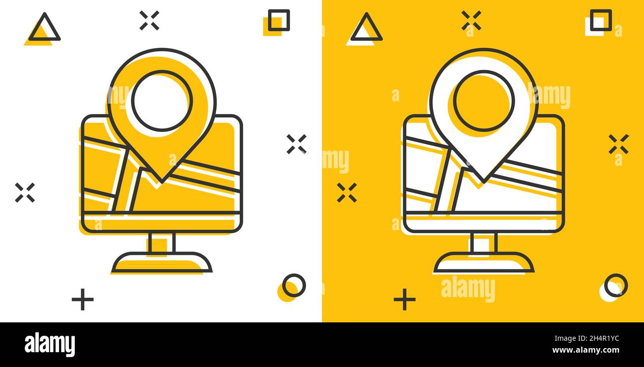 Computer navigation icon in comic style. Monitor pin gps cartoon vector ...