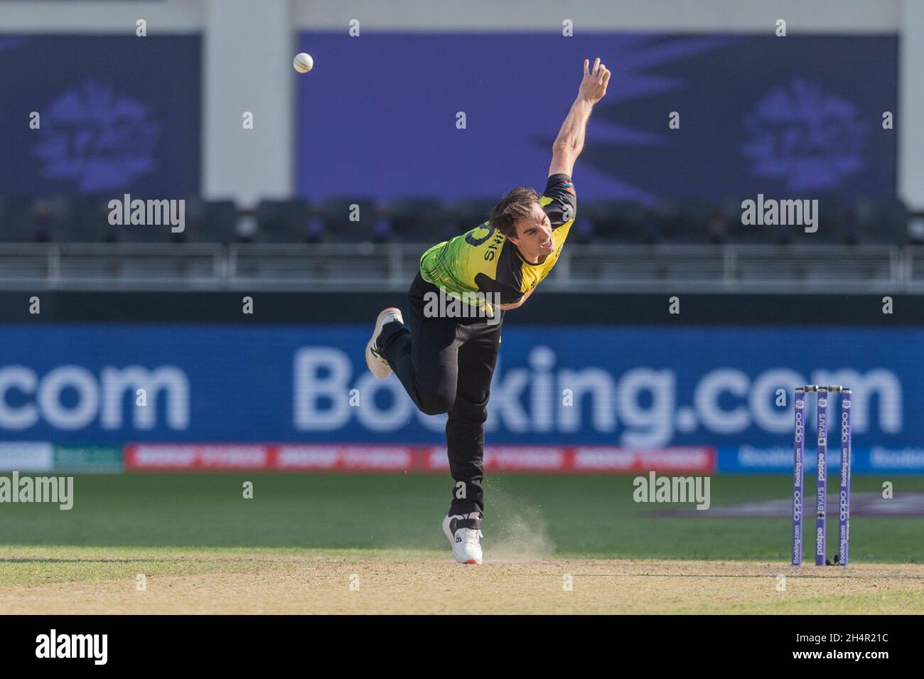 Dubai, UAE, 4th Nov, 2021. Pat Cummins of Australia bowling during the ...