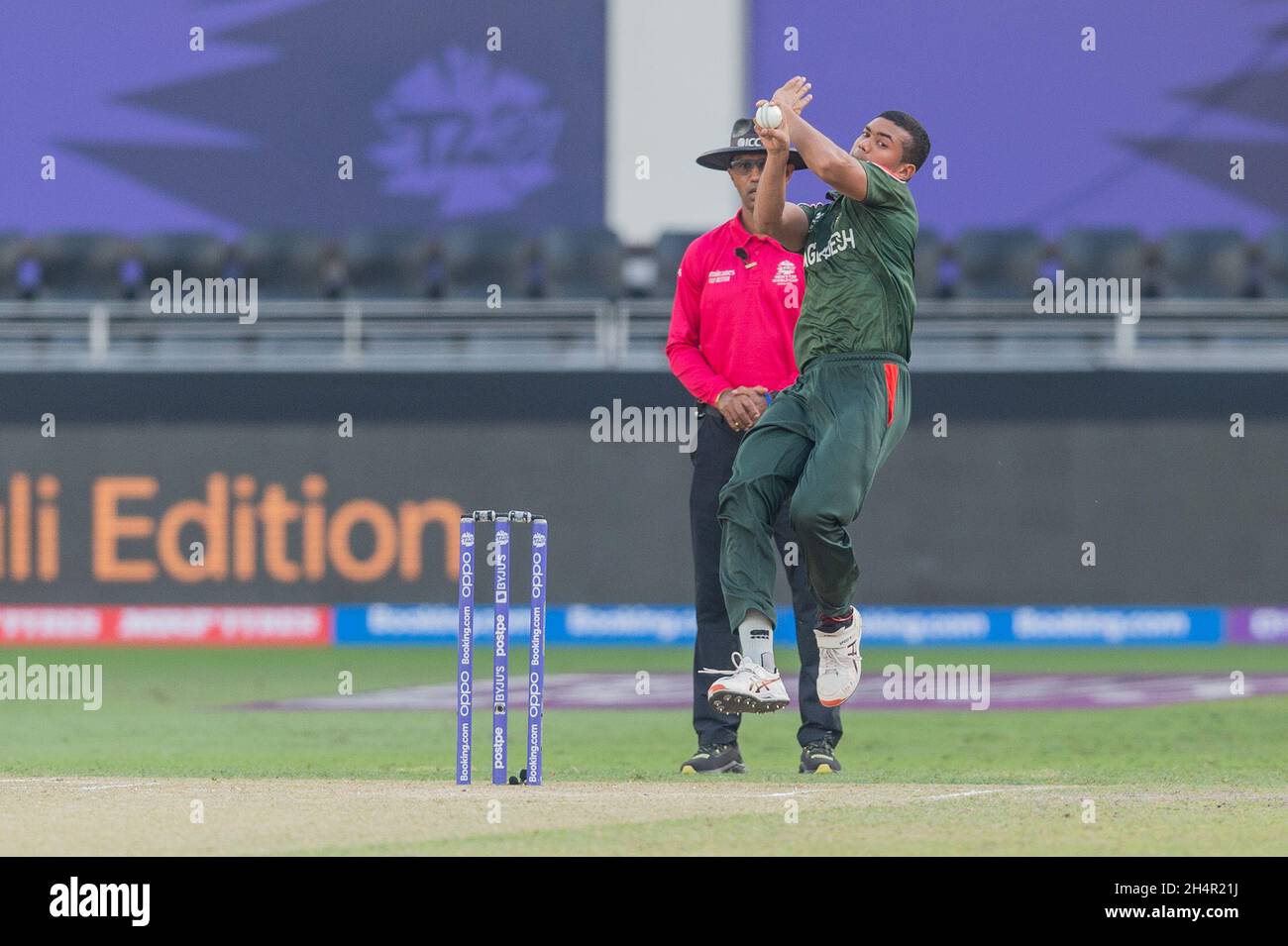 Dubai, UAE, 4th Nov, 2021. Taskin Ahmed of Bangladesh bowling during ...