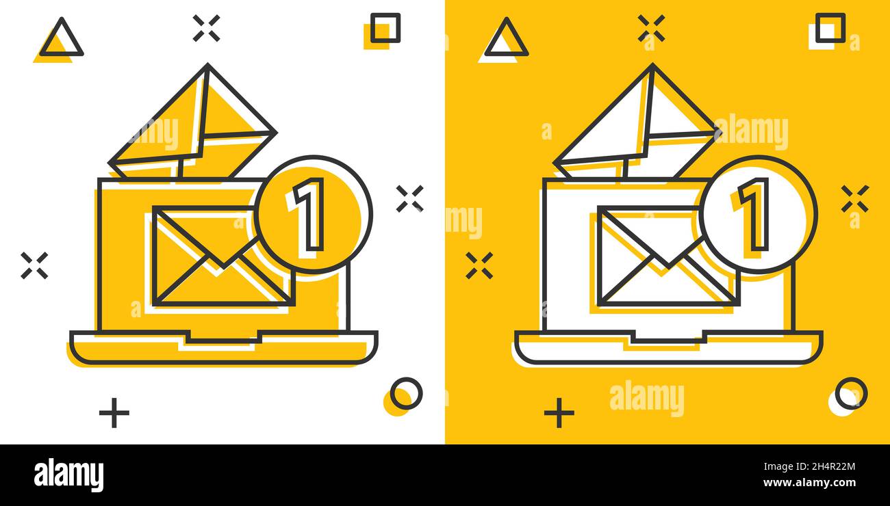 Laptop with email icon in comic style. Mail notification cartoon vector ...