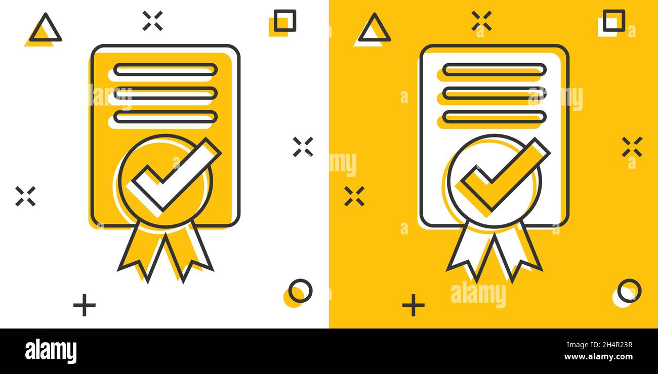 Approve certificate icon in comic style. Document check mark cartoon ...