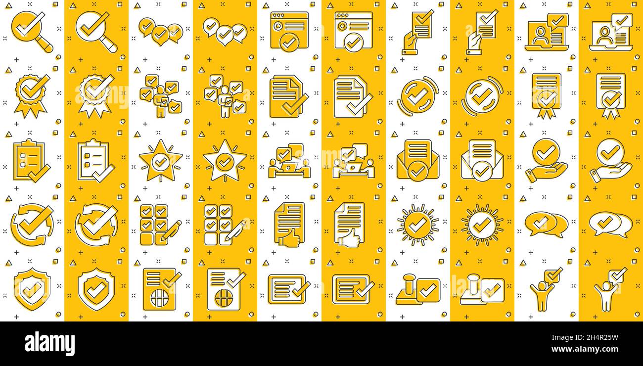 Approve icon set in comic style. Check mark cartoon vector illustration ...