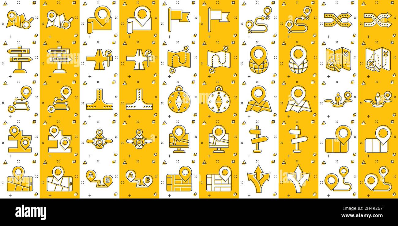 Navigation icon set in comic style. Gps direction cartoon vector ...