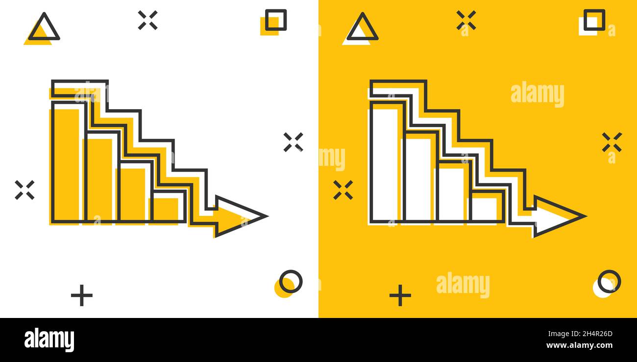 Market trend icon in comic style. Decline arrow with magnifier cartoon vector illustration on ...