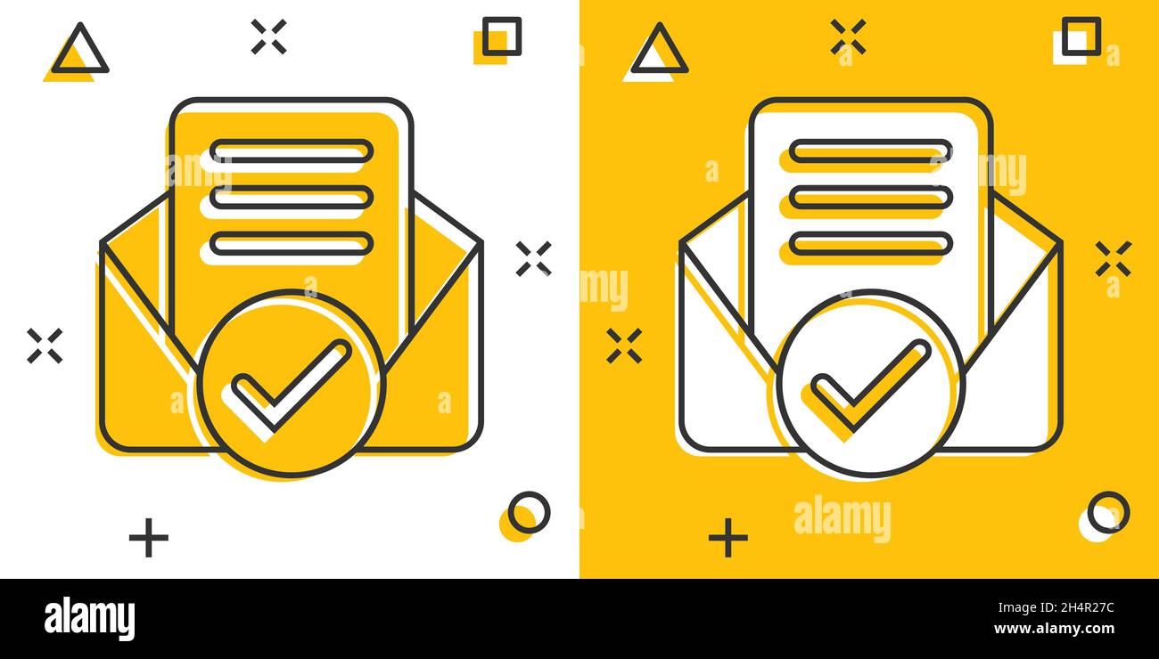 Envelope with confirmed document icon in comic style. Verify cartoon ...