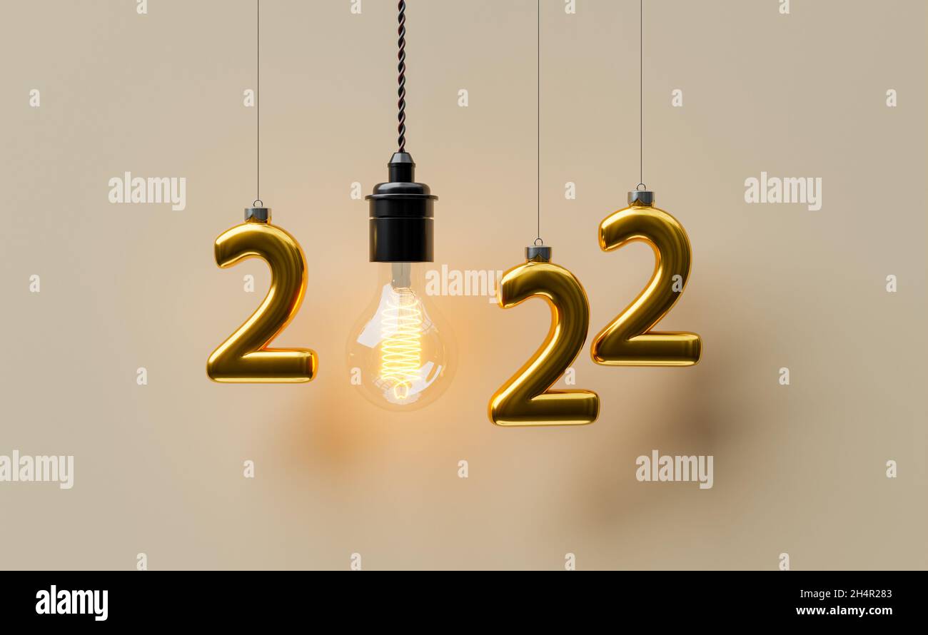 new year 2022 hanging numbers with incandescent bulb. 3d rendering ...